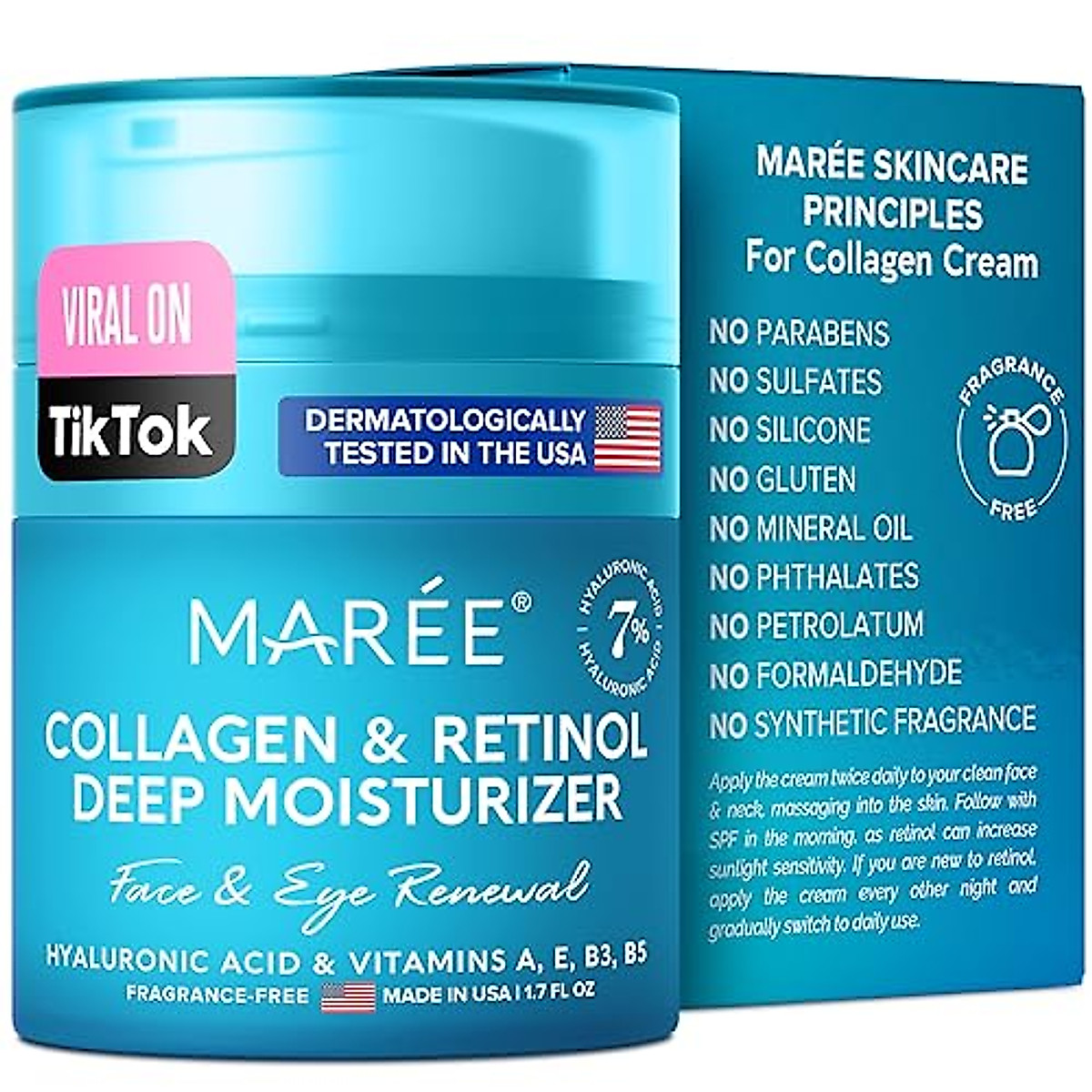 MAREE Face Moisturizer - Collagen Cream for Women - Anti-Wrinkle Eye Balm with Retinol, Hyaluronic Acid - Day & Night Cream for Face & Under Eye - Instant Face Lift Cream with Hydrating Effect - 1.7oz