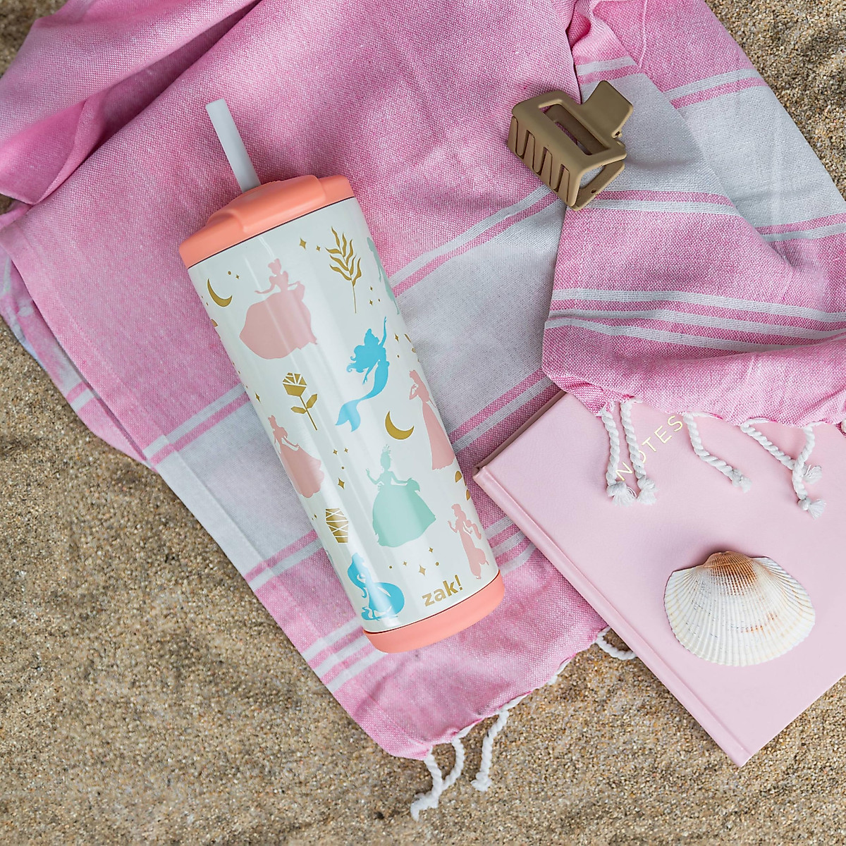 Zak Designs Disney Princess Straw Tumbler for Travel, 24oz Stainless Steel with Vacuum Insulation and Non-Skid Base (Ariel, Aurora, Belle, Cinderella, Jasmine, Moana, Rapunzel, Tiana)