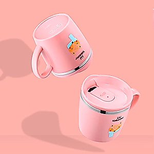 Valueder Baby Kids Toddler Sippy Cup Mug for Milk, Coffee, Stainless Steel Trainer Straw Cup with Lid, Fox, 7oz/Pink