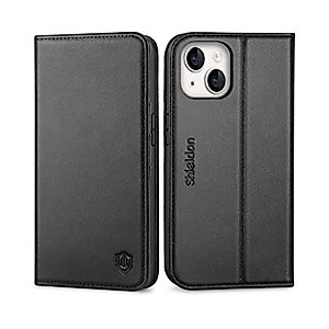 SHIELDON Case for iPhone 14 6.1" 5G, Genuine Leather iPhone 14 Wallet Folio Case [Magnetic Closure] [RFID Blocking Card Slots] [Kickstand] Full Protection Case Compatible with iPhone 14 2022 - Black