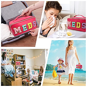 dark swan Chenille Letter Portable Makeup Bag Medicine Drug Bag Waterproof Leather, Preppy Patch Makeup Cases w/ Zipper, MEDS First Aid Pouch Purpose Bag School Home Travel Camping Supplies (Pink)