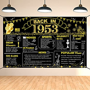 DARUNAXY 70th Birthday Black Gold Party Decoration, Back in 1953 Banner 70 Year Old Birthday Party Poster Supplies Vintage 1953 Backdrop Photography Background for Men & Women 70th Class Reunion Decor