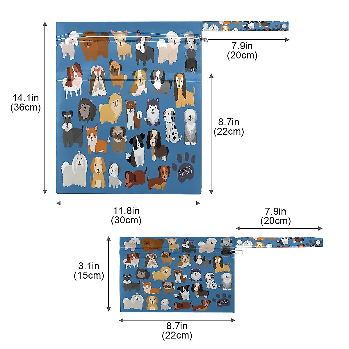 Dog Puppy Wet Dry Bags Animal Paw Print Waterproof Baby Cloth Diaper Bags with Two Zippered Pockets Beach Travel Bag for Swimsuit&Wet Cloth 2pcs