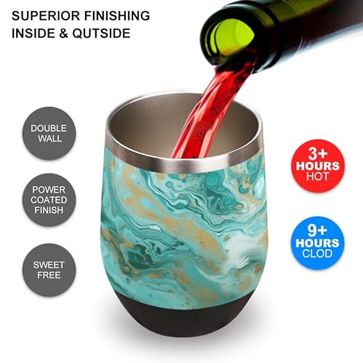 WYUSPGK 304 Stainless Steel Insulated Cup, Teal And Gold Marble Print Smooth Rim, Durable & Reusable - Perfect for Office, Home, And Travel