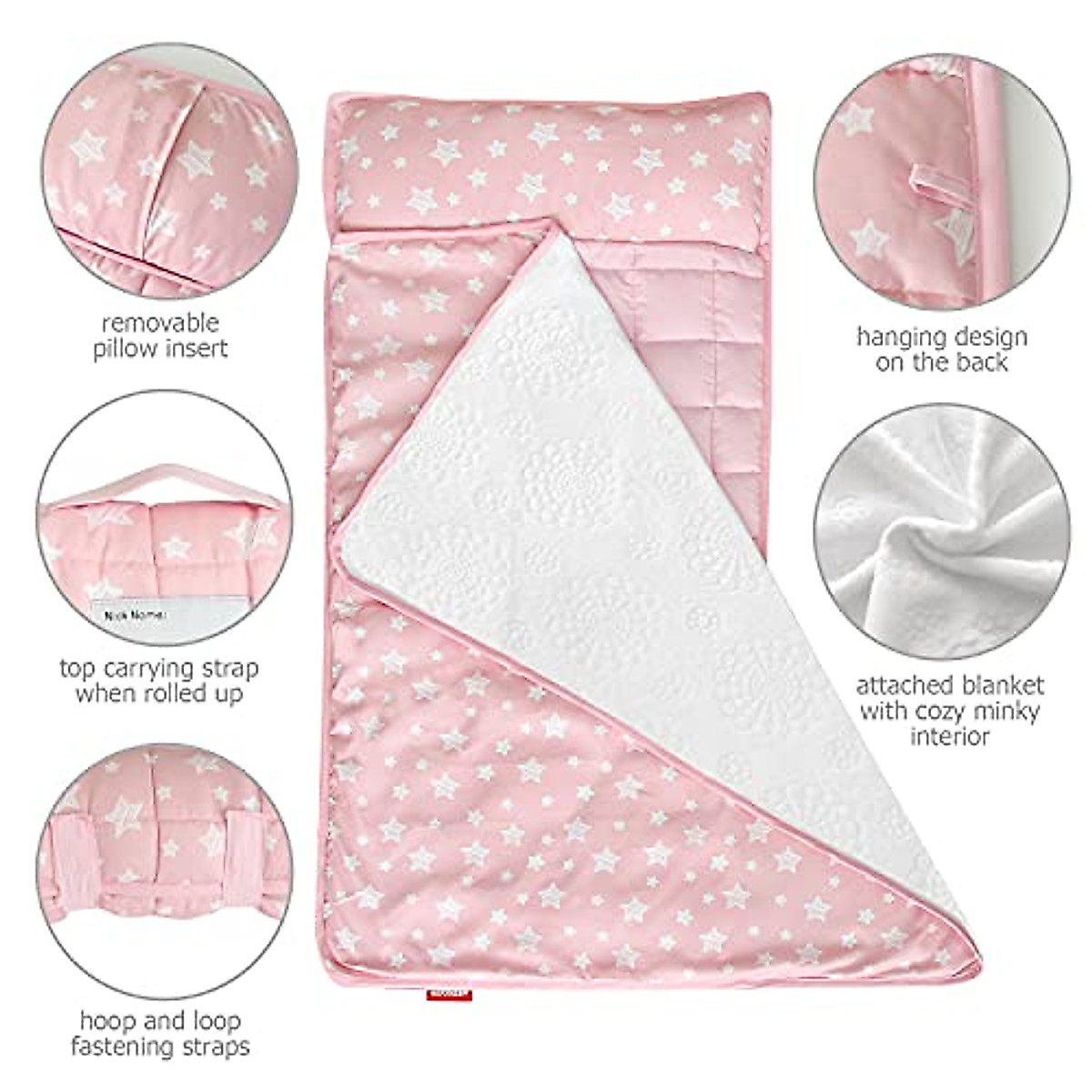 Moonsea Toddler Nap Mat Pink, Removable Pillow and Fleece Minky Blanket, Lightweight and Soft Perfect for Kids Preschool, Daycare, Travel Sleeping Bag for Girls, 21" x 50" Fit on a Standard Cot