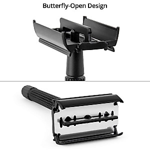 QSHAVE Double Edge 4 inch Long Handle Safety Razor for Men or Women Twist Butterfly Open Matte Black Steel Coating (1 Razor + 5 pcs Titanium Coated Blades + Leather Travel Case)