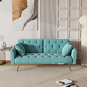 Modern Convertible Tufted Futon Sofa Bed Split Adjustable Backrest Loveseat Sofabed W/Removable Padded Armrests and 2 Pillows for Home Office Apartment RV Studio Living Space/Guest Room