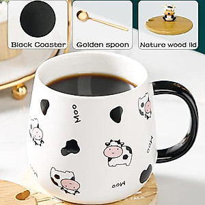 Arawat Cute Cow Coffe Mug with Lid and Spoon Cow Print Stuff Gifts 400ml Ceramic Tea Coffee Cup Kawaii Cow Mugs Funny 3D Animal Cow Mug Birthday Gifts for Women Girls Cow Lovers