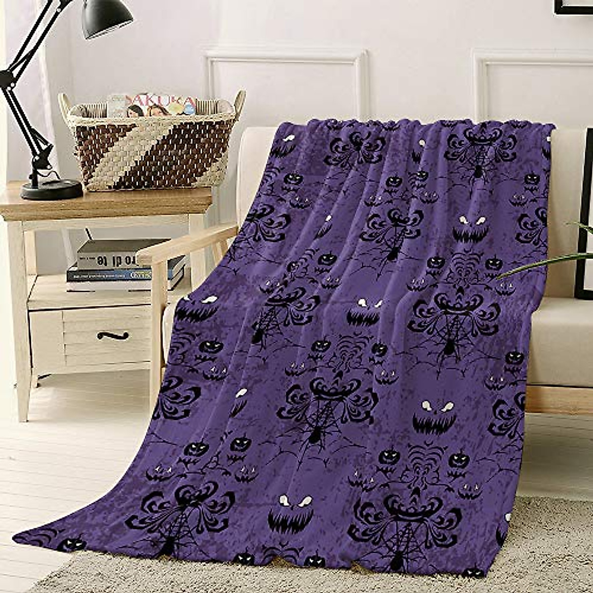 Halloween Haunted Mansion Blankets Purple Super Soft Warm Cozy Flannel Throw Blanket Bed Grinning Ghosts Design Decorative for Sofa Couch Chair Living Bedroom 40 x 50 Inches