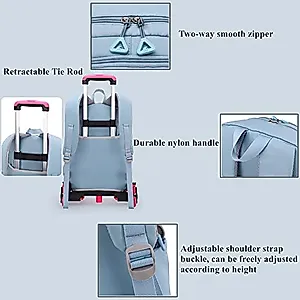 LANSHIYA Solid Color Girls Rolling Backpack with Wheels Schoolbag Elementary School Student Trolley Daypack