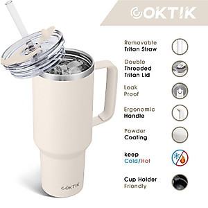 COKTIK 40 oz Tumbler With Handle and Straw Lid, 2-in-1 Lid (Straw/Flip), Vacuum Insulated Travel Mug Stainless Steel Tumbler for Hot and Cold Beverages,Easy to Clean (Beige)
