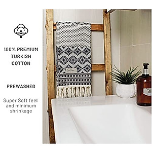 T&I Home Aztec Decorative Turkish Hand Towels for Bathroom - Set of 2 (16x40) Black, Soft 100% Cotton - Quick Dry, Prewashed, No Shrink - Farmhouse Boho Kitchen Towel Set, Hair, Face, Tea, Dish