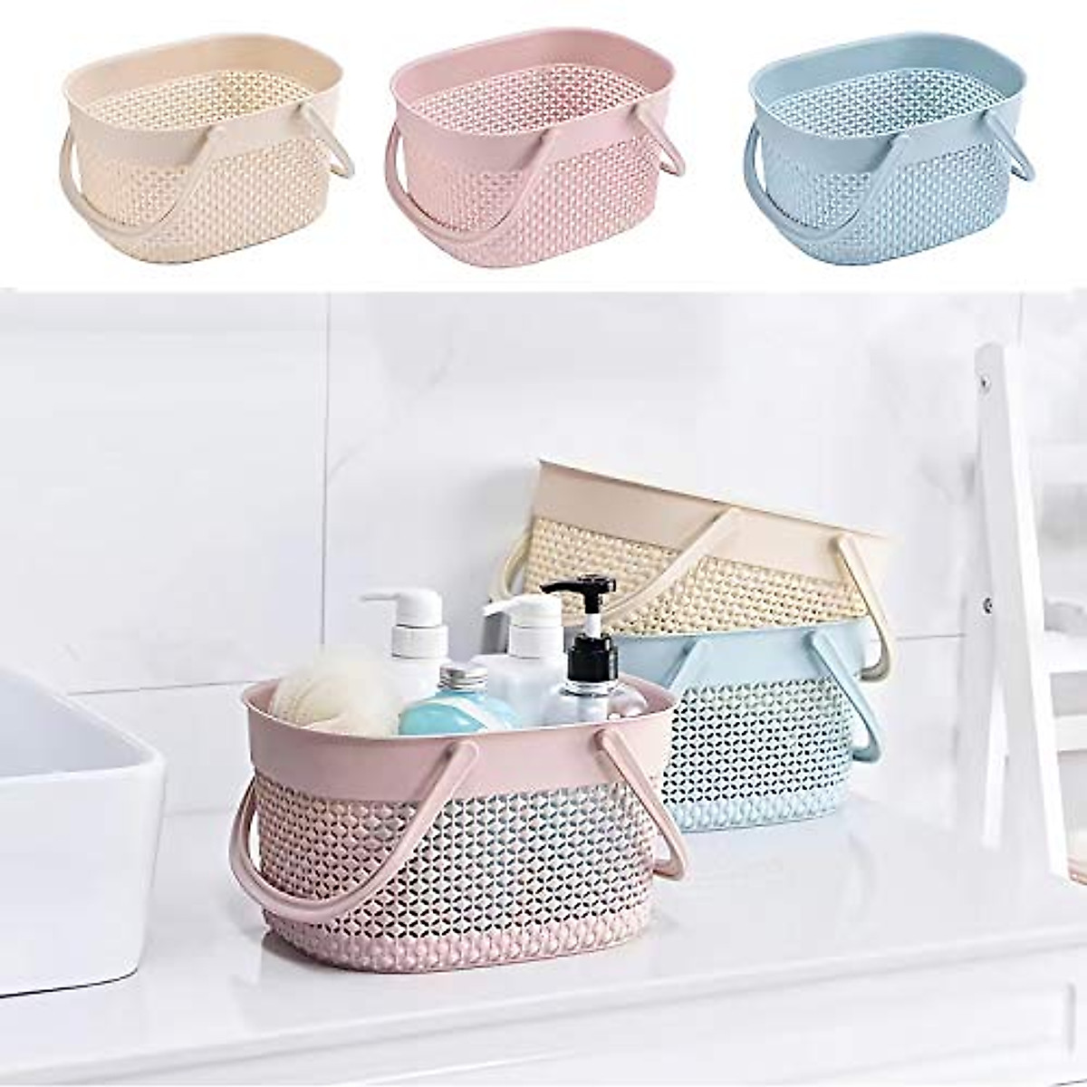 rejomiik Portable Shower Caddy Basket, Plastic Organizer Storage Tote with Handles Toiletry Bag Bin Box for Bathroom, College Dorm Room Essentials, Kitchen, Camp, Gym - Pink