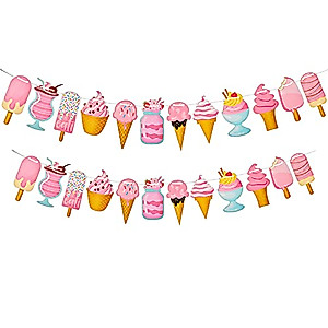 2 Pieces Ice Cream Banner Banner Ice Cream Theme Party Decoration Party Supplies Signs Streamer Decor for Events Holidays School Summer Pool Beach Kid Happy Birthday Party