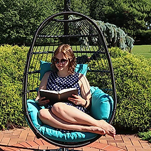 Sunnydaze Penelope Black Steel and Polyethylene Wicker Hanging Egg Chair with Turquoise Polyester Seat Cushions - Bohemian Single Lounge Chair Swing - Collapsible Nylon Rope Back - 45-Inch Tall