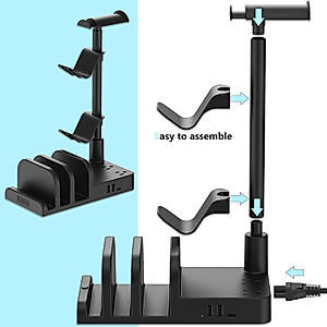 KAFRI Universal Stand for Headphone and Controller, Desk Gaming Headset Holder with USB A&C Chargers and 2 Outlets, Storage Organizer for Switch/Phone/iPad, Desktop Gamer Accessories Boyfriend Gifts
