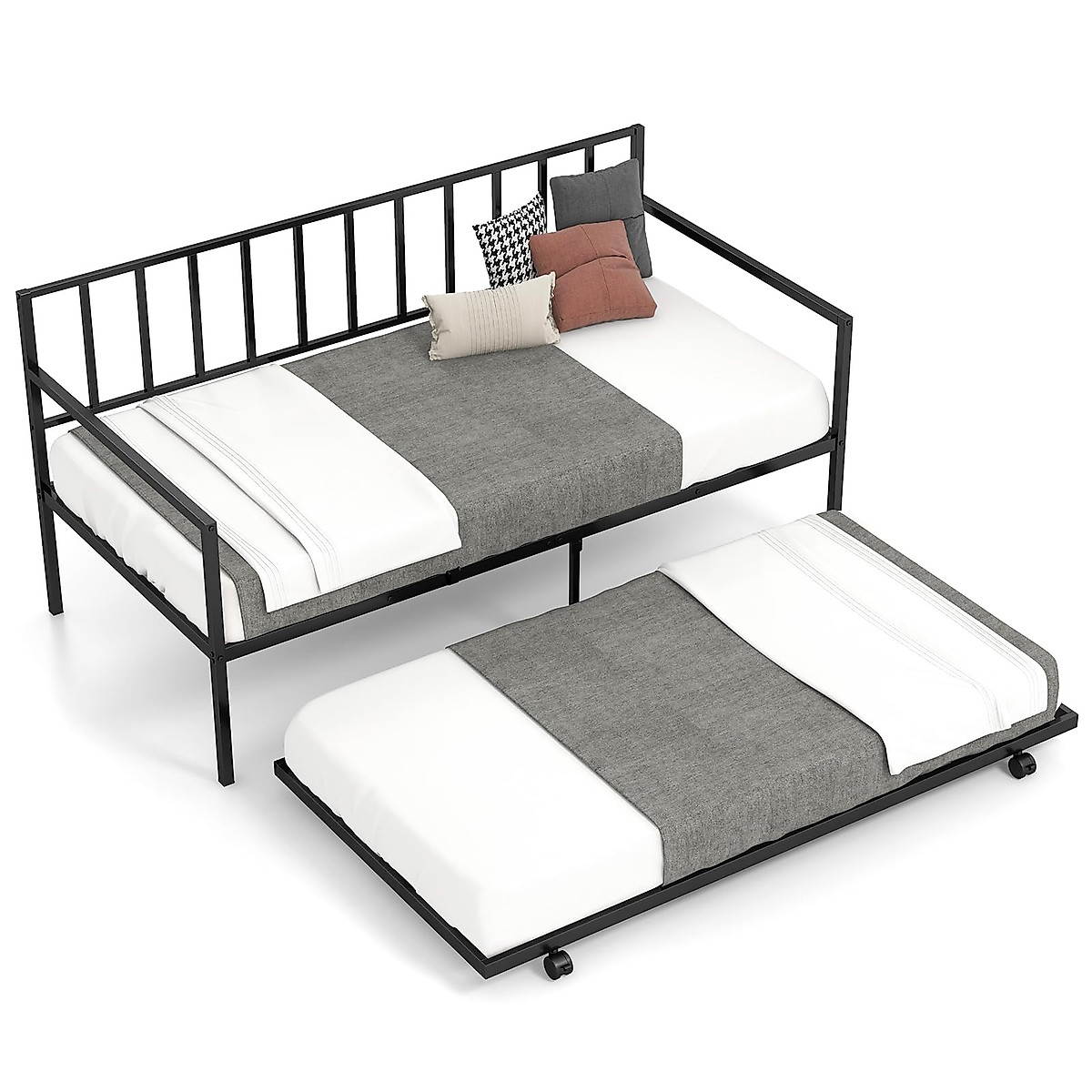 KOMFOTT Twin Metal Daybed with Trundle, Metal Sofa Bed & Pull-Out Trundle Set with Lockable Casters, Daybed for Living Room, No Box Spring Needed