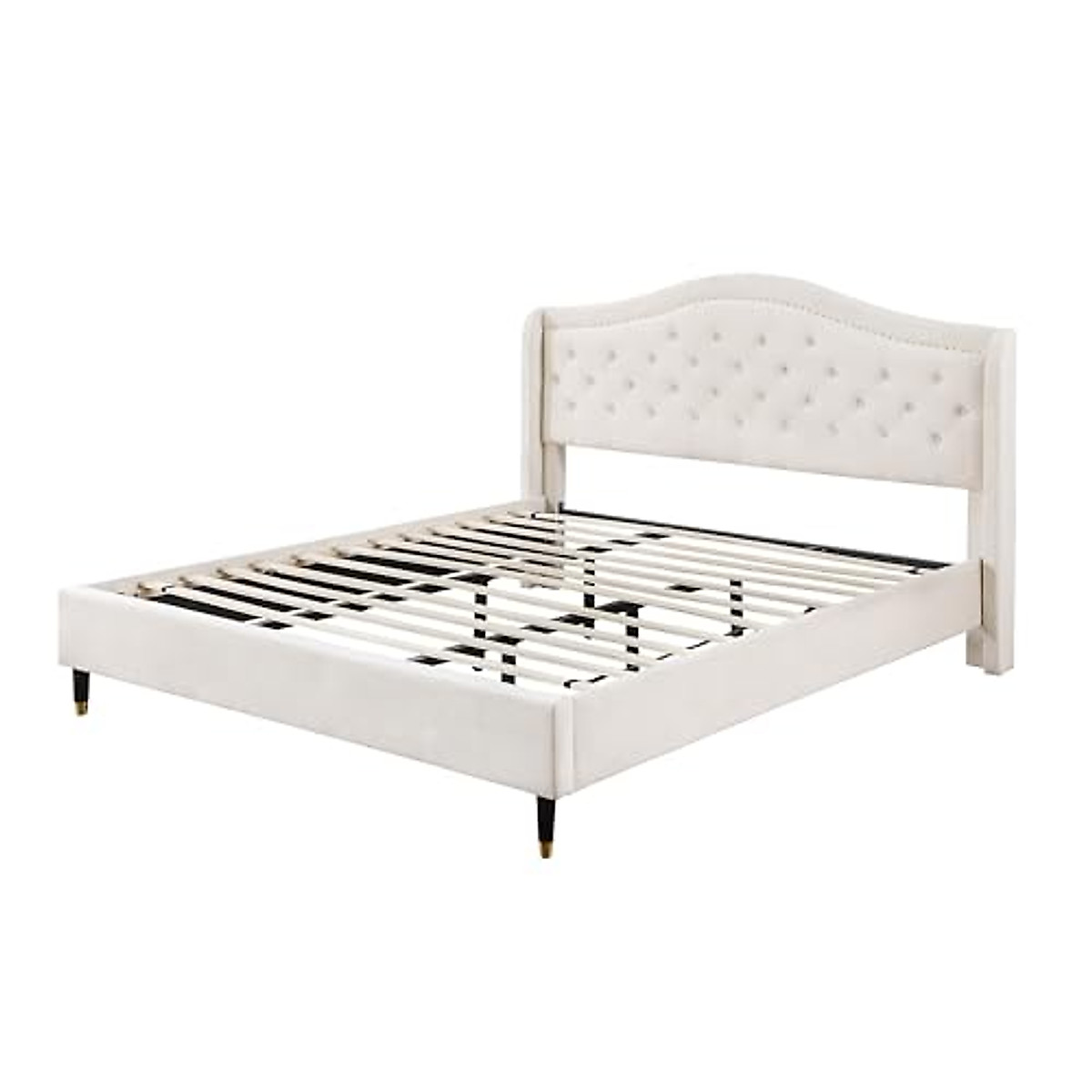 Morden Fort Velvet Bed Frame California King Bed Frame with Headboard Upholstered Wood Platform with 51” Headboard, Heavy Duty Bed Frame with Wood Slat Support, No Box Spring Needed, Beige