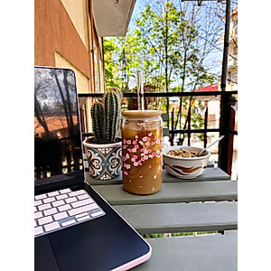 Aesthetic Cherry Blossom Glass Cup with Lid and Straw - Cute Coffee, Latte, Matcha Tumbler 16 oz - Floral Iced Coffee Cup - Preppy Birthday Gift for Women, Best Friends, Mom, Bridesmaid, Coffee Lover