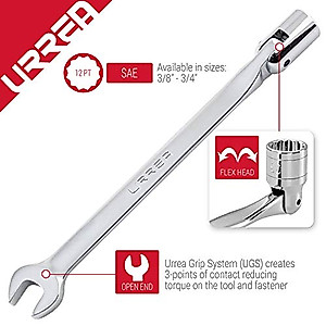 URREA 12-Point Flex Head Socket Wrench - 1/2" Flexible Head Combination Wrench with Ratchet Box End & Fixed Open End - 1270-16