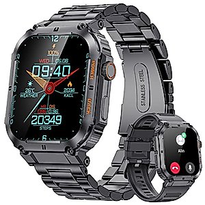 Smart Watches For Men Rugged Make/Answer Calls Voice Assistant 1.96in IPS Big Screen 400mAh Long-Lasting Battery 5ATM Waterproof Fitness Heart Rate Step Calorie Tracker Android iOS Men's Smartwatch