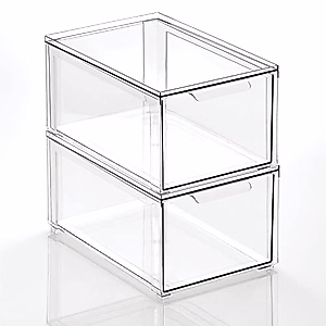mDesign Plastic Stackable Bathroom Storage Organizer Bin with Pull Out Drawer for Cabinet, Vanity, Shelf, Cupboard, Cabinet, or Closet Organization - Lumiere Collection - 2 Pack - Clear