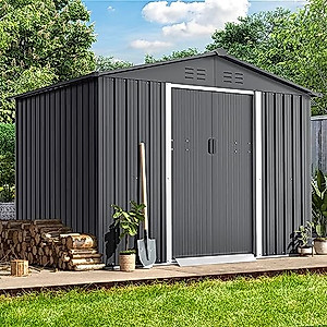 SUNCROWN Outdoor Garden Storage Shed 6X8 FT Yard Storage Tool with Sliding Door for Lawn Equipment Garden Backyard, Grey