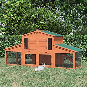 PawHut 89" L Outdoor Rabbit Hutch, Guinea Pig Cage Indoor Outdoor Wooden Bunny Hutch with Double Runs, Weatherproof Roof, Removable Tray, Ramps, Natural