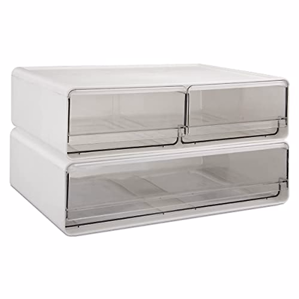 EZOWare 2 Piece Stackable Makeup Organizer Drawer Set, 3 Drawer Modular Display Storage for Vanity, Desk, Bathroom Countertop, and More - White and Clear