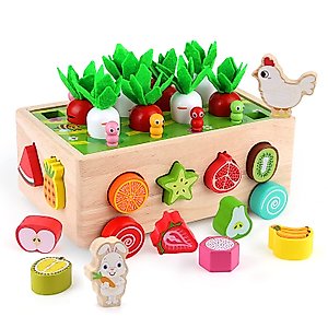 SKYFIELD Montessori Wooden Garden Toy for Baby Boys Girls 1 2 3 Years Old, Fine Motor Skills Developmental Gift Toy Color Shape Fruit Sorting Orchard Cart Farm Game for Toddler 1-3