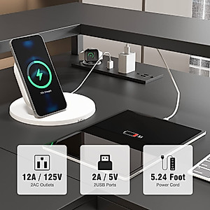 WASAGUN L Shaped Desk with 2 Fabric Drawers, Power Outlet & USB Ports, Corner Gaming Desk with LED Light, Reversible Computer Desk with Monitor Stand & Hook, Home Office Work Desk, Black