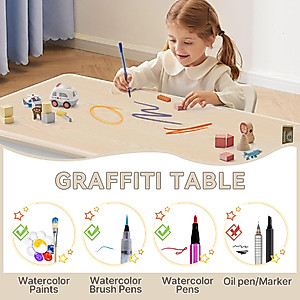 GITAWUSA Kids Study Table and Chairs Set, Height Adjustable Toddler Table and Chair Set for Kids Ages 3-8, 23.6" L x 23.6" W Graffiti Desktop Plastic Children Art Table with 2 Seats, Burlywood
