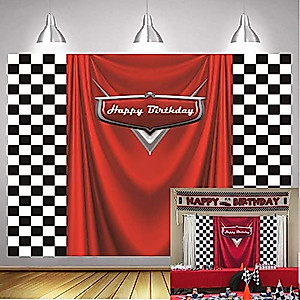 7x5ft Car Black White Grid Red Birthday Themed Backdrops Racing Flag Red Photo Backgrounds for Photography Happy Birthday Party Banner Photo Booth Props GYA