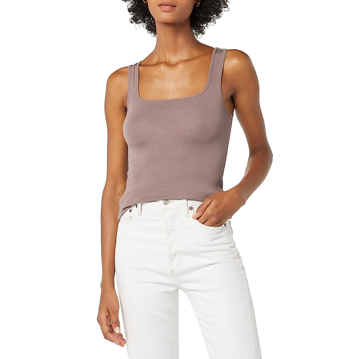 Amazon Essentials Women's Slim Fit Square Neck Tank, Pack of 2, Light Beige/Dark Taupe, Large