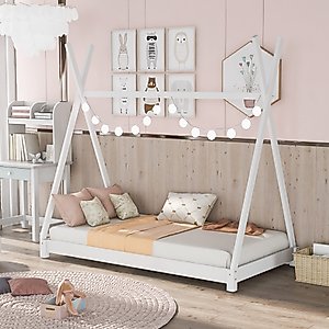 Merax Twin Wood Teepee Bed Cute Tent Platform Bed for Kids Boys Girls,No Box Spring Needed,Easy Assemble (Twin,White)