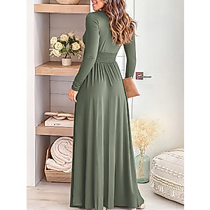 ANRABESS Women Deep V Neck Long Sleeve Slit 2024 Fall Elegant Formal Wedding Guest Cocktail Evening Date Prom Maxi Long Dress Green Medium