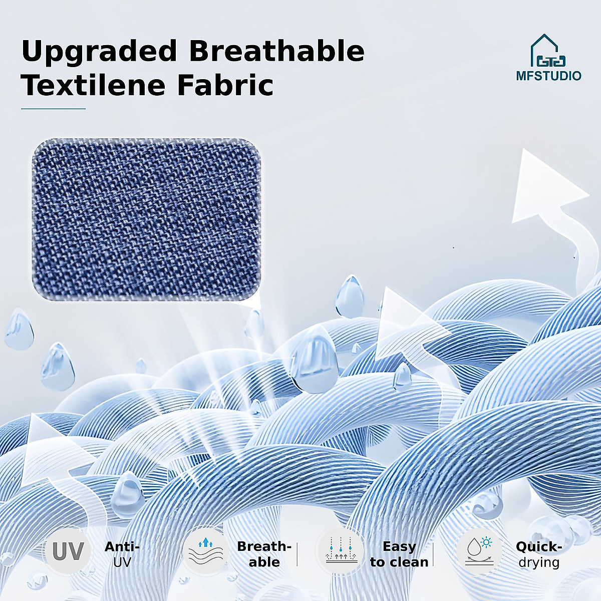 MFSTUDIO 7-Piece Patio Dining Set, Outdoor Furniture 6 Sling Dining Swivel Chairs and Steel Frame Slat Larger Rectangular Table with 1.57" Umbrella Hole for Backyard, Blue