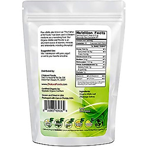 Z Natural Foods Organic Alfalfa Leaf Powder - Made in USA - Green Superfood Supplement for Drinks, Tea, Shakes, Smoothies Recipes - Raw, Vegan, Gluten Free, Non GMO, Kosher - 1 lb