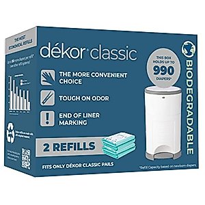 Dekor Classic Diaper Pail Biodegradable Refills | 2 Count | Most Economical Refill System | Quick and Simple to Replace | No Preset Bag Size – Use Only What You Need | Exclusive End-of-Liner Marking