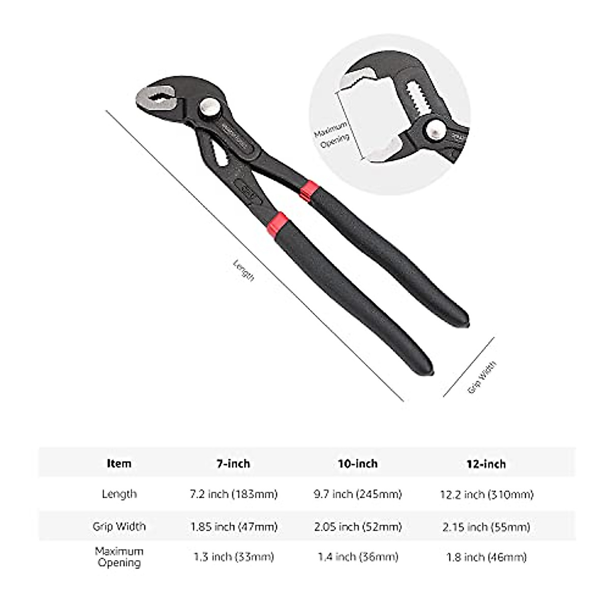 Amazon Basics 3-Piece Quick Release Groove Joint Pliers Set, Drop Forged Chrome Vanadium Steel, Includes 7-inch,10-inch, and 12-inch, Black