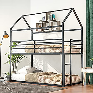 Lifeand Twin Over Twin Bunk Beds for Kids,Metal House Bunk Bed Frame with Built-in Ladder,No Box Spring Needed,Black