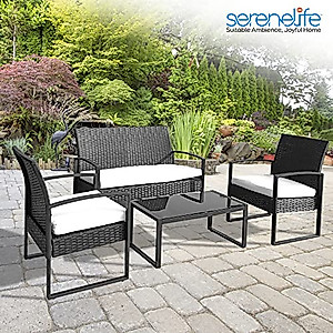 SereneLife 4 Piece Conversation/Chat Set, Outdoor Living Rattan Furniture, includes 1 Double & 2 Single Chairs with Cushion & 1 Glass-top Coffee Table, Black