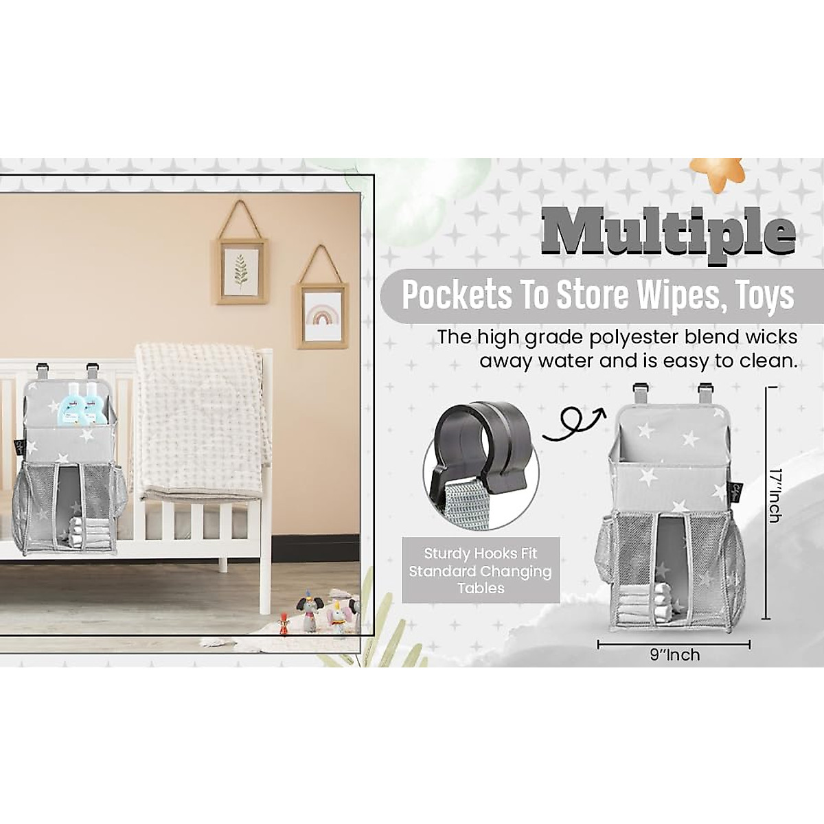Star Pattern Diaper Caddy and Nursery Organizer for Newborn Baby Essentials, Hang on Crib, Baby Bed. Changing Table or wall. Multiple Pockets to Store Wipes, Creams, Lotions, Toys and more.