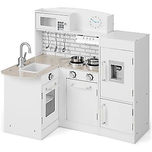 Costzon Kids Corner Kitchen Playset, 8-in-1 Wooden Play Kitchen Toy Set w/Realistic Microwave, Oven, Stove, Refrigerator, Water Dispenser, Range Hood, Pretend Cooking Set
