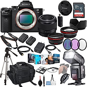 Sony a7 II Mirrorless Camera Bundle - ILCE7M2/B with FE 50mm f/1.8 Lens + Prime Accessory Package Including 128GB Memory, TTL Flash, Extra Battery, Software Package, Auxiliary Lenses & More