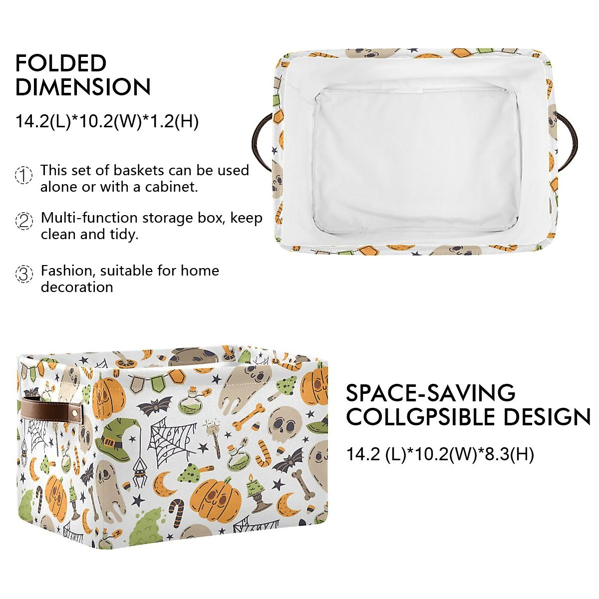 Kigai Happy Halloween Storage Basket with Handles Collapsible Storage Bins Canvas Fabric Storage Organizer for Shelves Closet Bedroom Living Room 1Pack