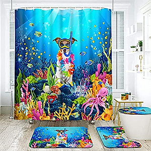 Likiyol 4 Pcs Funny Dog Shower Curtain Sets with Non-Slip Rugs, Toilet Lid Cover and Bath Mat, Blue Ocean Shower Curtain with 12 Hooks, Cute Kids Bathroom Decor