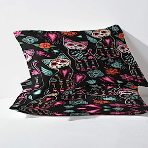 Day of The Dead Sheets Full Size, Cat Bed Sheets, Patterned Bedding Sheets & Pillowcases 4 Piece Set - Soft Microfiber Deep Pocket Fitted Sheet & Flat Sheet & 2 Pillow Cases L5-&-299