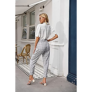 Women Pants Elastic Waist Plaid Pants with Pockets Medium