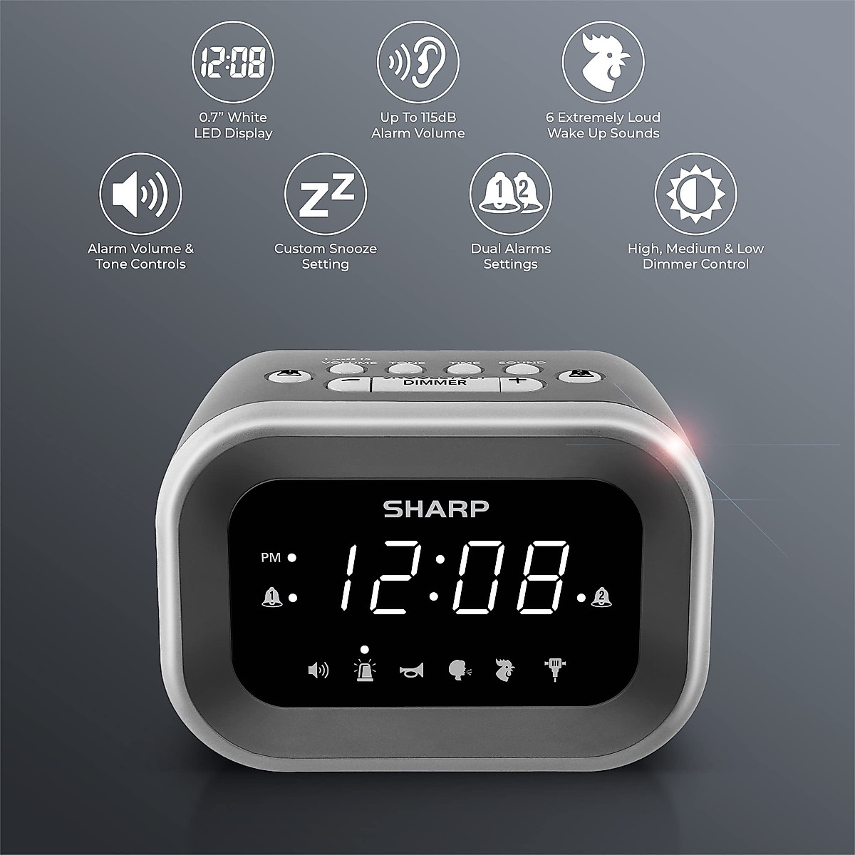 Sharp Big Bang Super Loud Alarm Clock for Heavy Sleepers, 6 Extremely Loud Wake Up Sounds: Rooster, Bugle, Nagging Mom, Jackhammer, Siren, Beep– Up to 115db Volume, Silver/Black with White LED Display